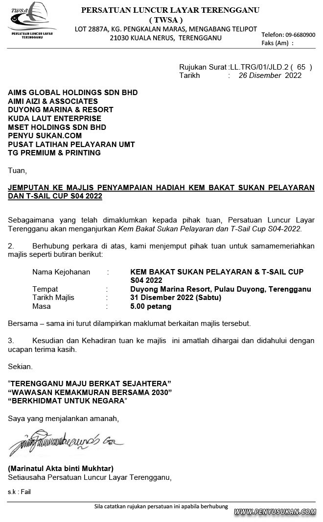 PenyuSukan - Surat Persatuan Luncur Layar Terengganu TWSA - Jemputan ...